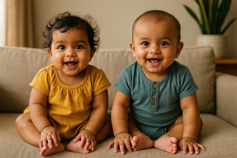 Adorable twins smiling on couch. | Free Photo - rawpixel