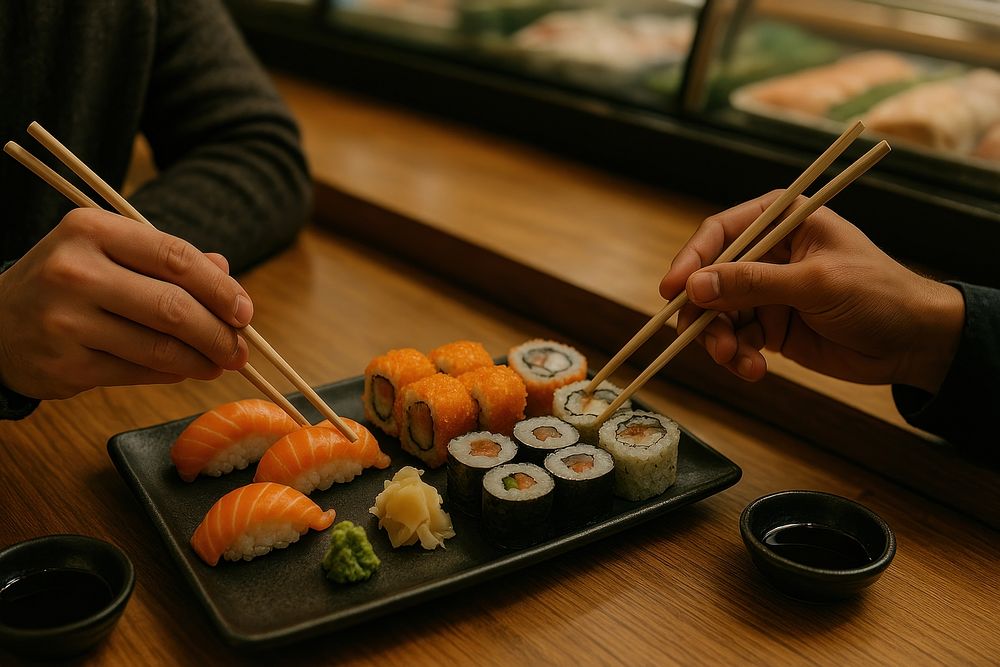 Chopsticks sharing sushi platter. | Free Photo - rawpixel