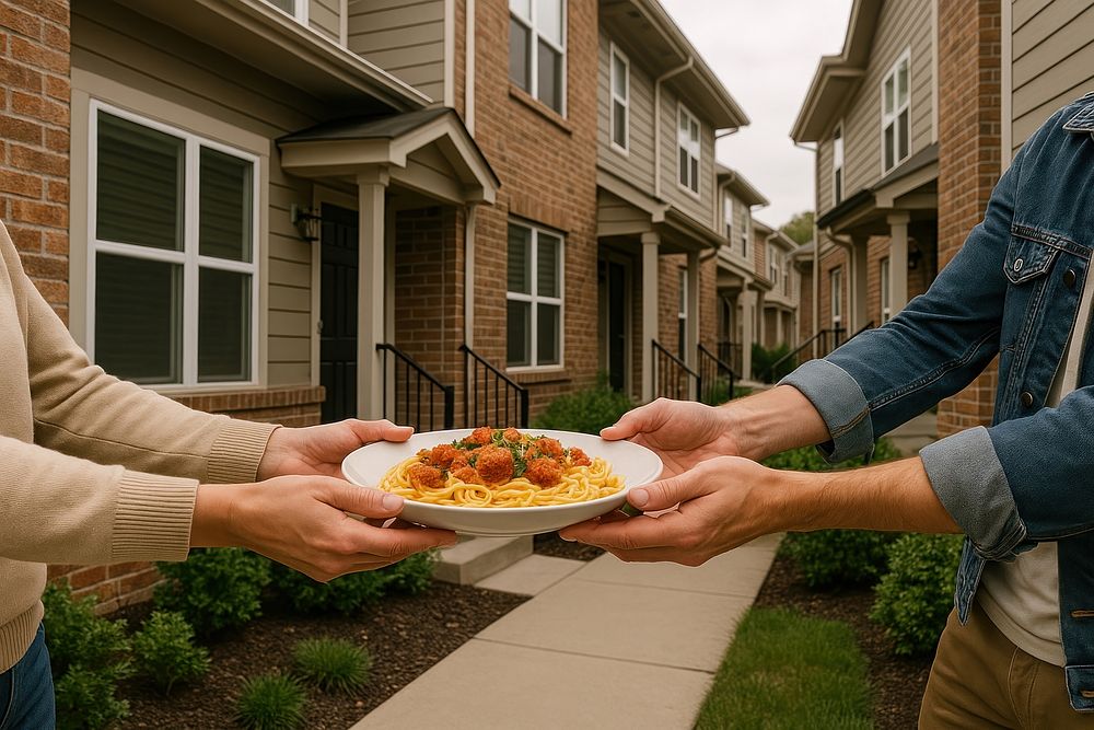 Sharing pasta between neighbors outdoors. | Free Photo - rawpixel