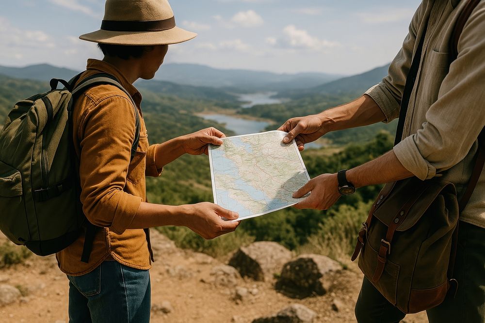Explorers navigating scenic landscape together | Free Photo - rawpixel