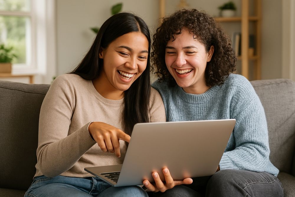 Happy friends using laptop together. | Free Photo - rawpixel