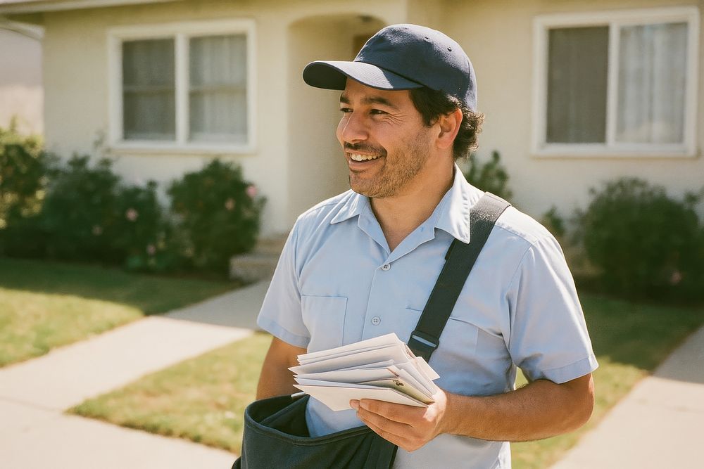 Smiling mailman delivering letters. | Free Photo - rawpixel