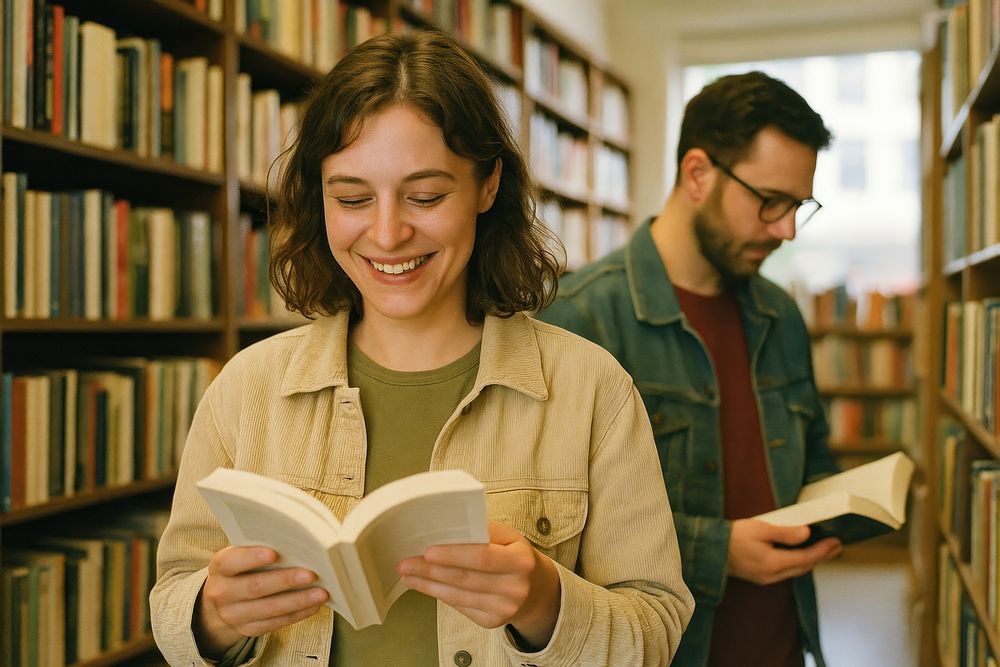 Happy readers in library aisle. | Free Photo - rawpixel