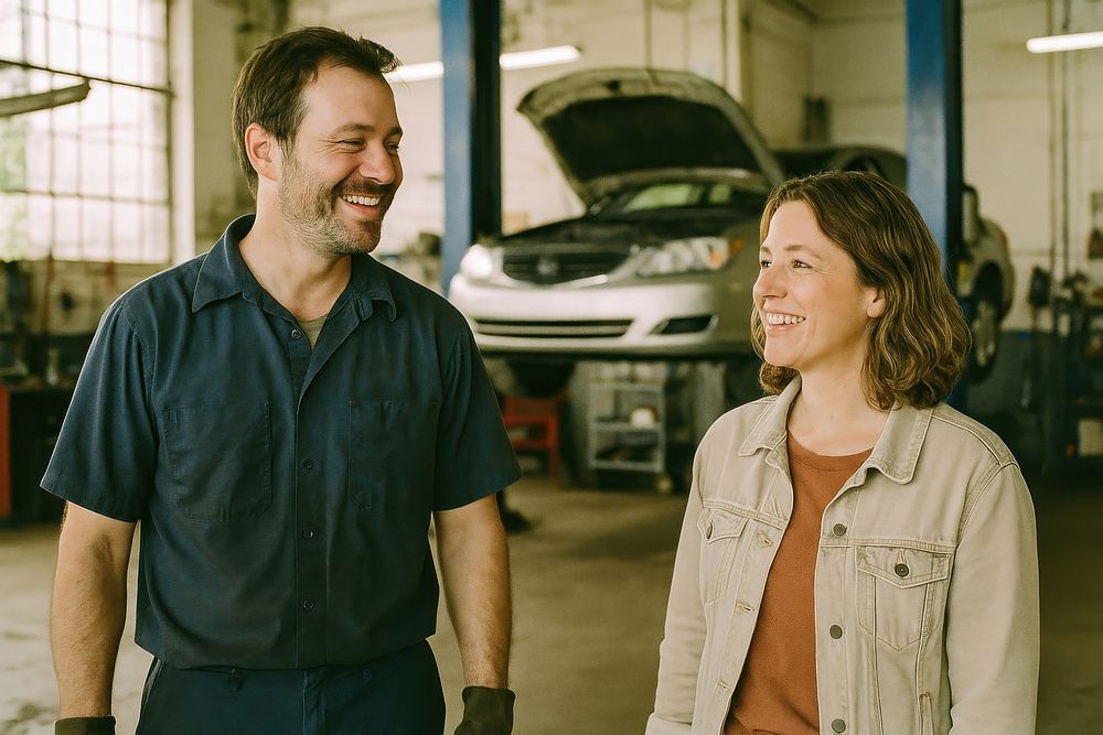 Mechanic and customer smiling interaction. | Free Photo - rawpixel