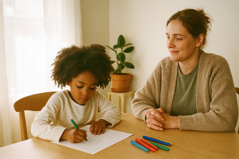 Child drawing with adult supervision. | Free Photo - rawpixel