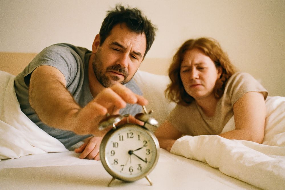 Sleepy couple alarm clock struggle. | Free Photo - rawpixel