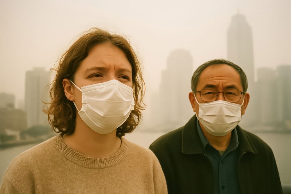 Masked individuals amidst urban smog. | Free Photo - rawpixel