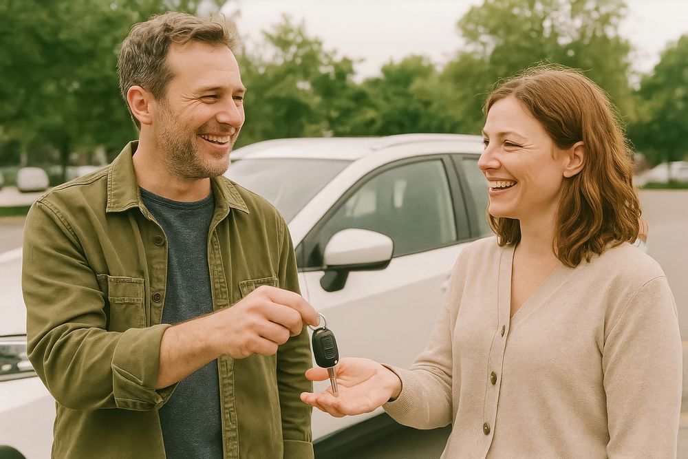 Happy car key exchange outdoors. | Free Photo - rawpixel