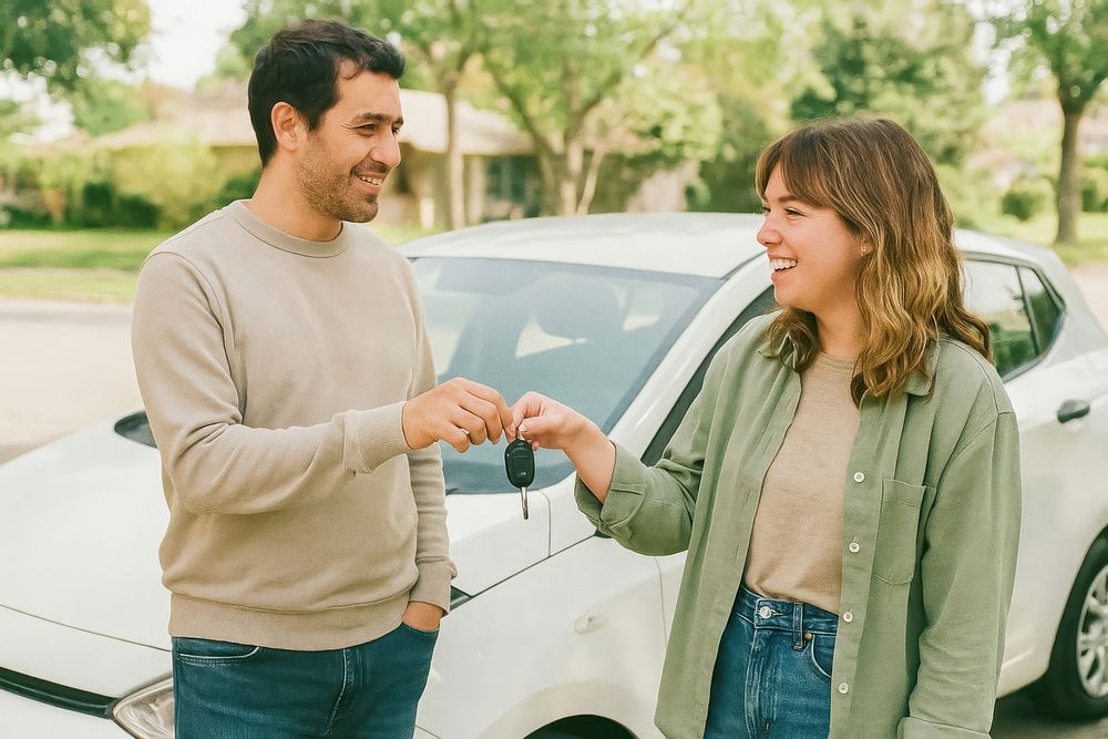 Happy car key exchange outdoors. | Free Photo - rawpixel