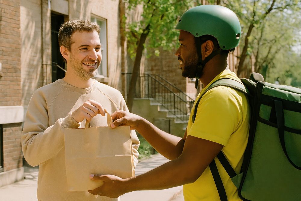 Friendly delivery service interaction outdoors. | Free Photo - rawpixel
