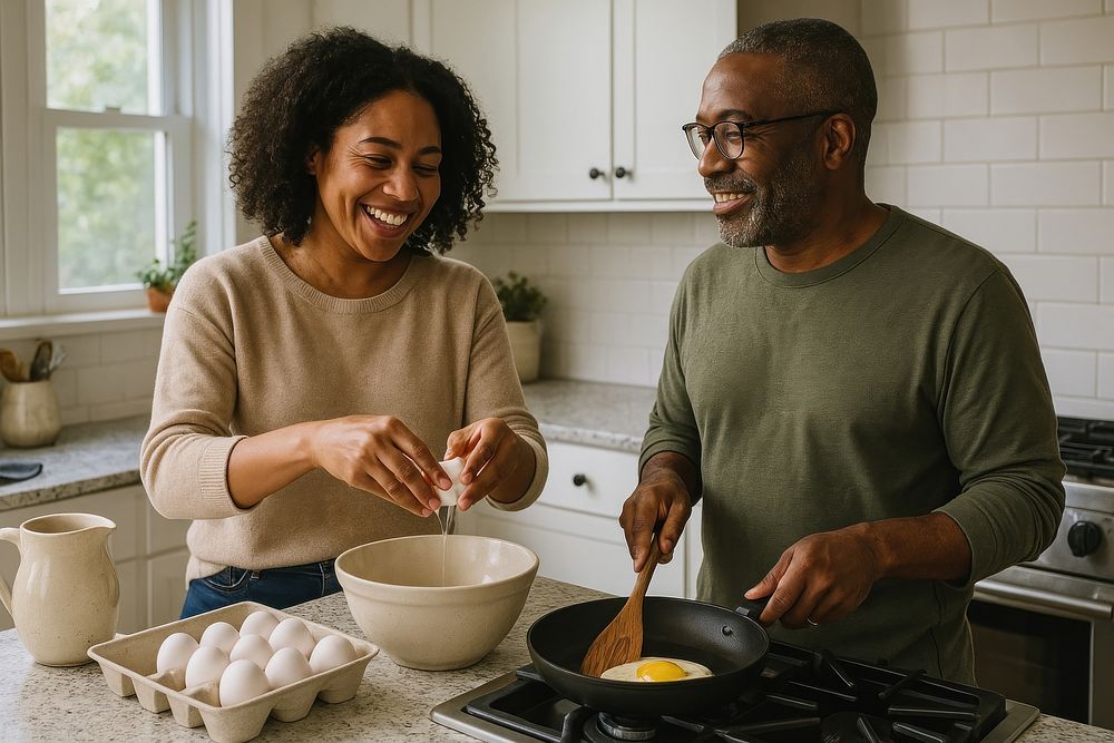 Couple cooking breakfast together happily. | Free Photo - rawpixel