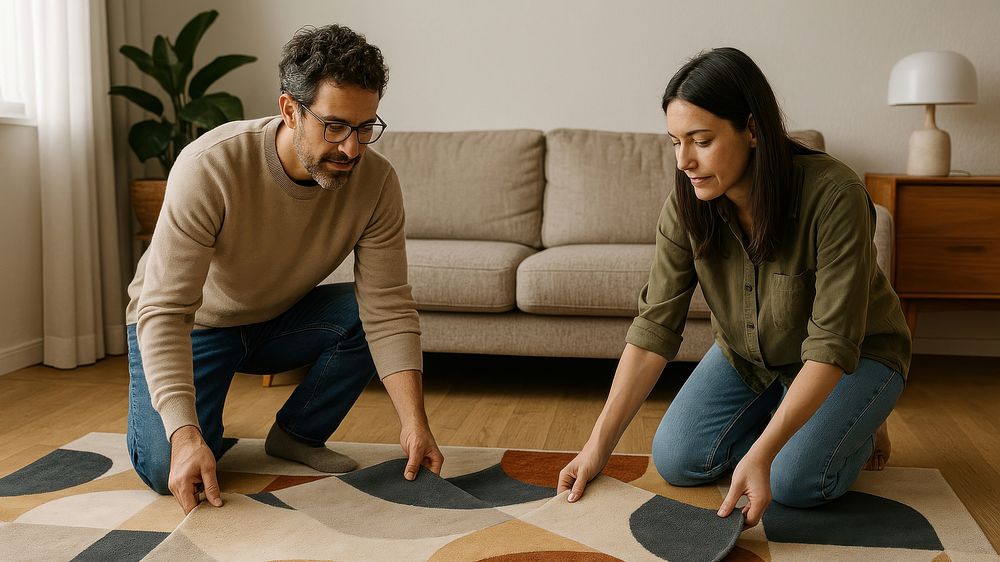 Couple arranging modern rug together | Free Photo - rawpixel