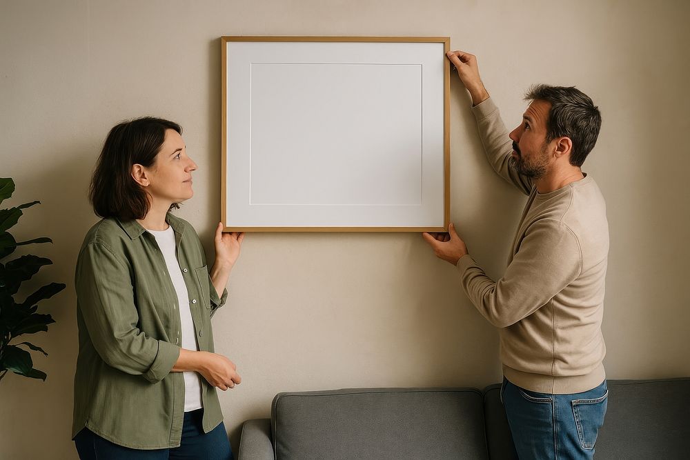 Couple arranging picture frame together. | Free Photo - rawpixel