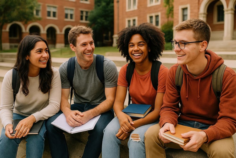 Diverse students smiling together outdoors. | Free Photo - rawpixel