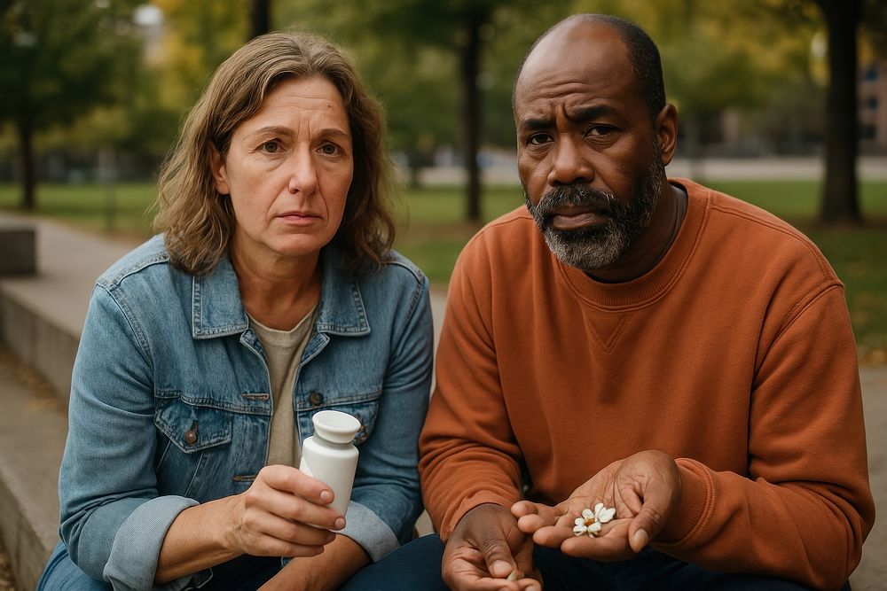 Concerned couple holding medication outdoors. | Free Photo - rawpixel