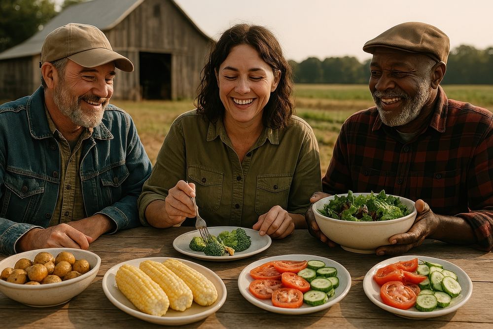 Joyful friends enjoying farm meal. | Free Photo - rawpixel