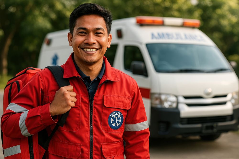 Smiling paramedic beside ambulance. | Free Photo - rawpixel