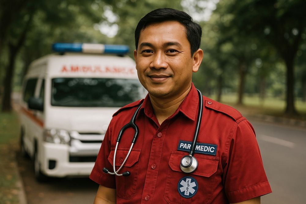 Paramedic smiling near ambulance | Free Photo - rawpixel
