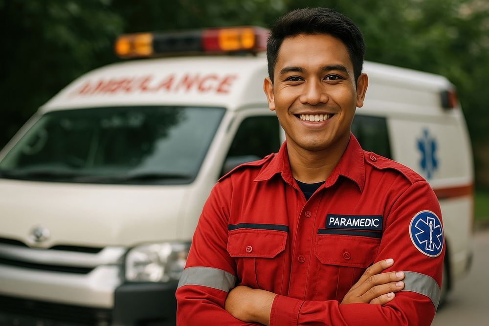 Smiling paramedic near ambulance. | Free Photo - rawpixel
