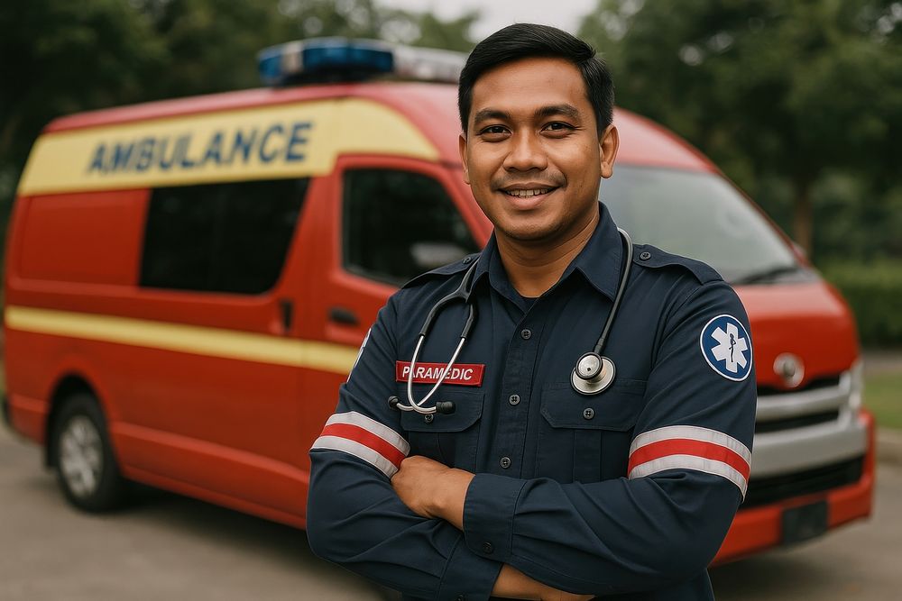 Paramedic smiling near ambulance. | Free Photo - rawpixel