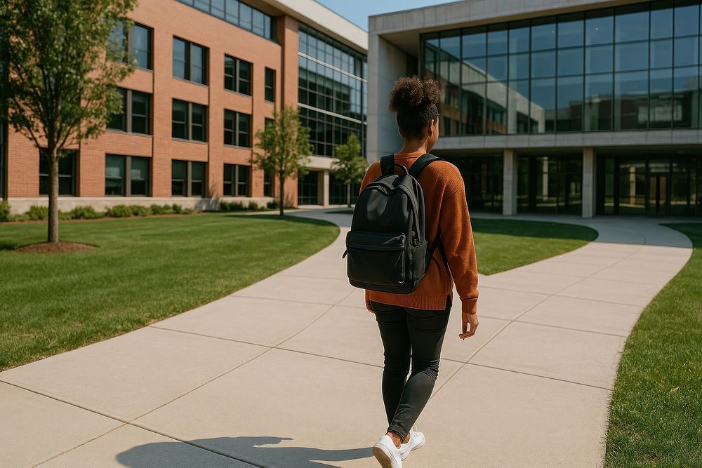 Student walking modern campus pathway | Free Photo - rawpixel