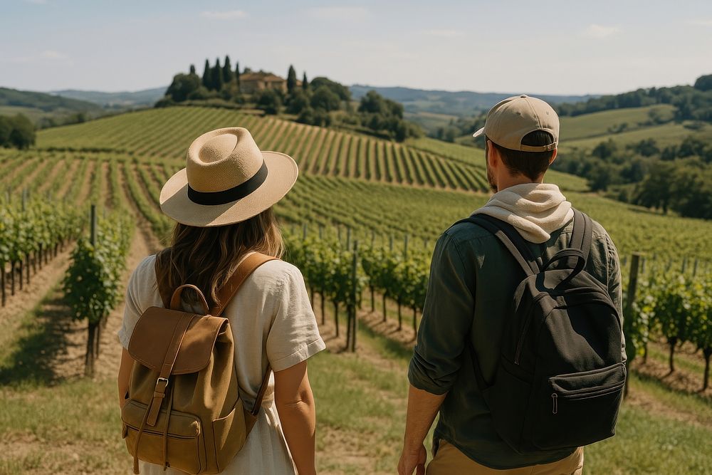 Couple exploring scenic vineyard landscape. | Free Photo - rawpixel