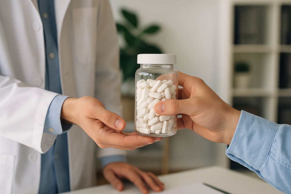 Doctor handing medication bottle. | Free Photo - rawpixel