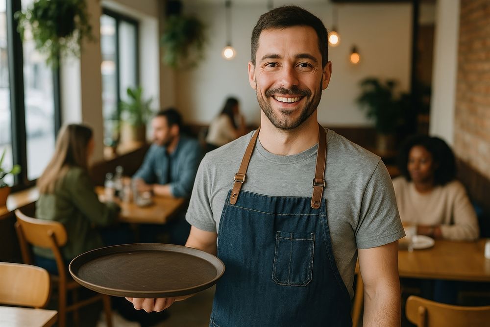 Smiling waiter in cozy cafe | Free Photo - rawpixel