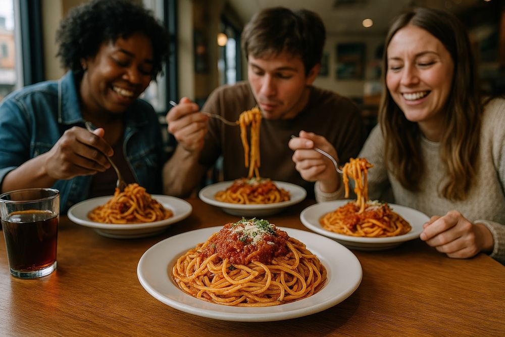 Friends enjoying delicious spaghetti meal. | Free Photo - rawpixel