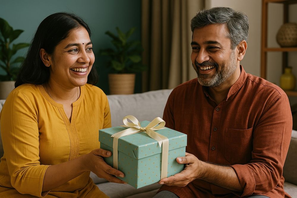 Joyful gift exchange moment | Free Photo - rawpixel