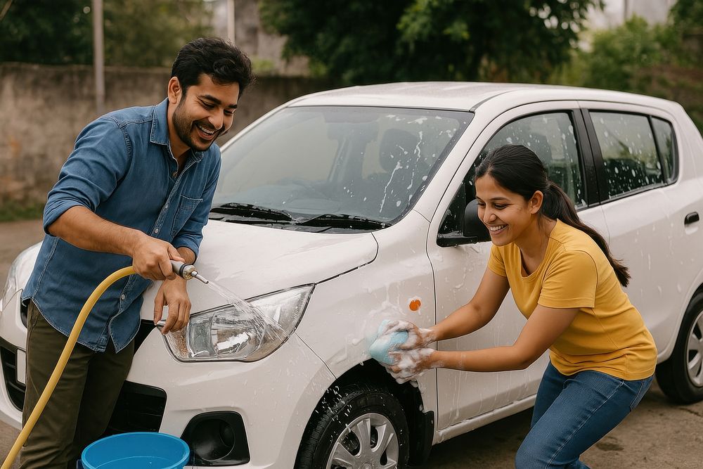 Couple washing car joyfully together. | Free Photo - rawpixel