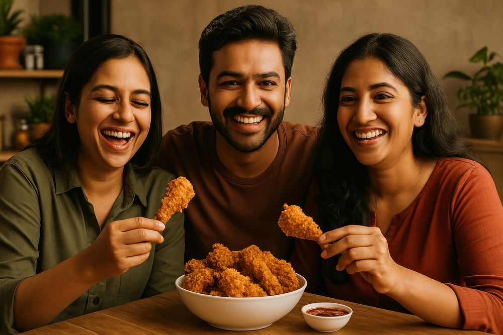 Friends enjoying crispy chicken. | Free Photo - rawpixel