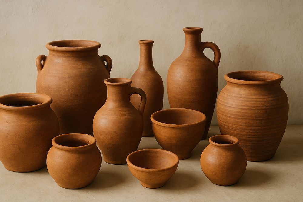 Rustic clay pottery collection display. | Free Photo - rawpixel