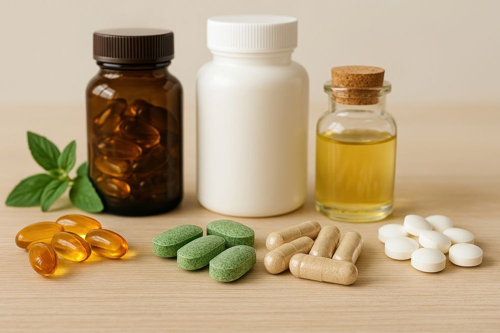 Assorted supplements in glass containers. | Free Photo - rawpixel