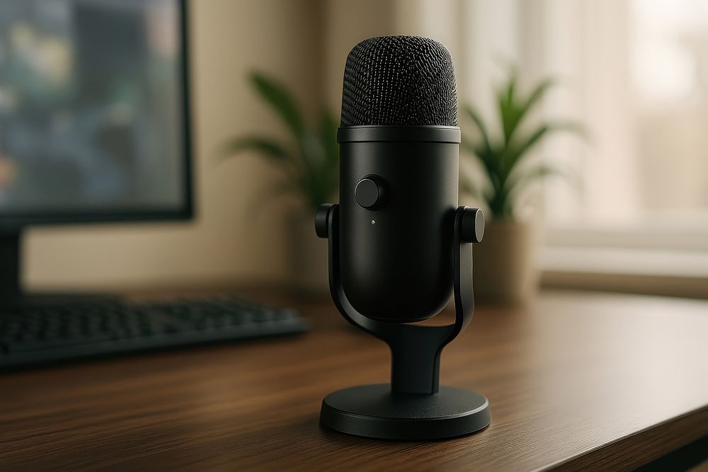 Sleek microphone on wooden desk. | Free Photo - rawpixel
