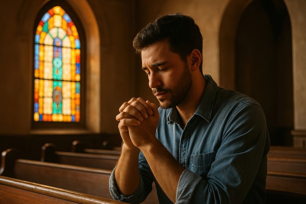 Man praying in church pew. | Free Photo - rawpixel