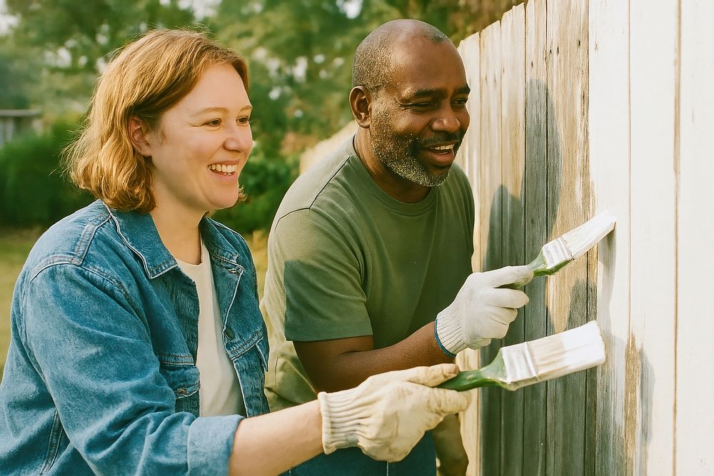 Joyful teamwork painting fence | Free Photo - rawpixel