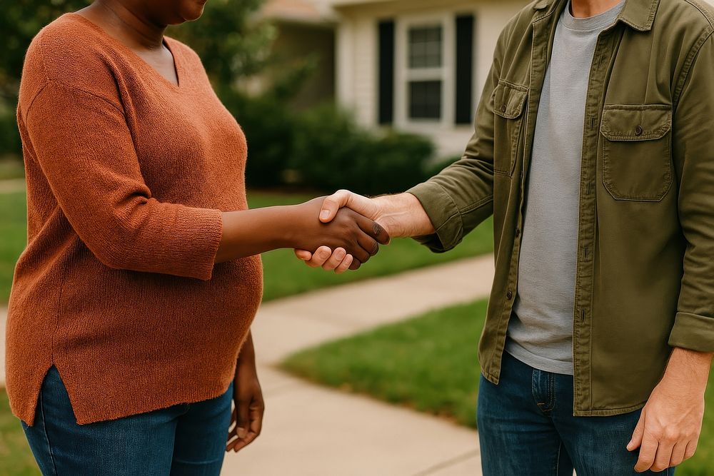 Friendly handshake outside suburban home. | Free Photo - rawpixel