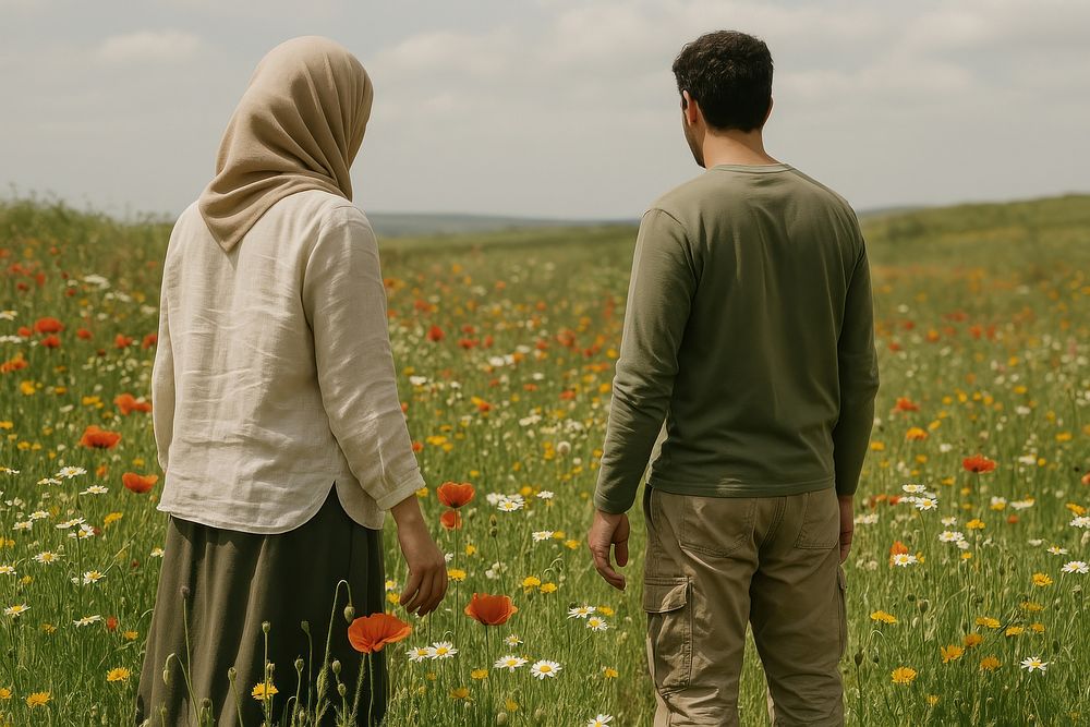 Couple walking in nature field. | Free Photo - rawpixel