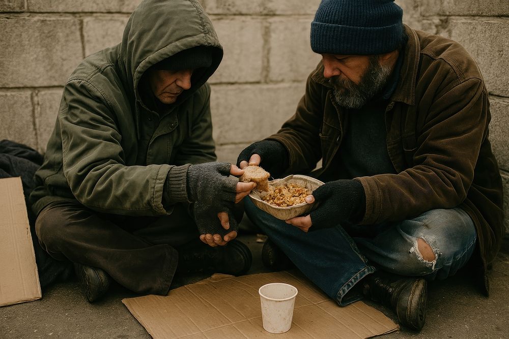 Compassionate sharing between homeless individuals. | Free Photo - rawpixel