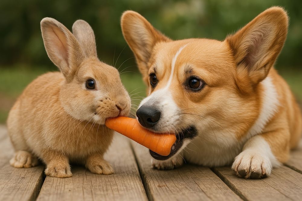 Corgi and rabbit sharing carrot | Free Photo - rawpixel