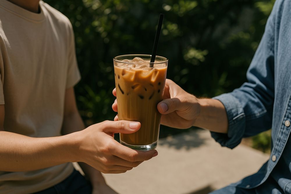 Refreshing iced coffee exchange outdoors. | Free Photo - rawpixel