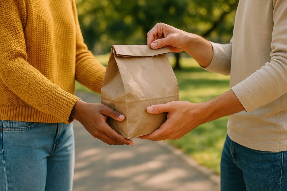 Hands exchanging paper bag outdoors. | Free Photo - rawpixel