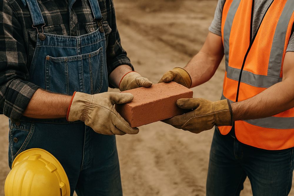 Construction teamwork brick exchange | Free Photo - rawpixel