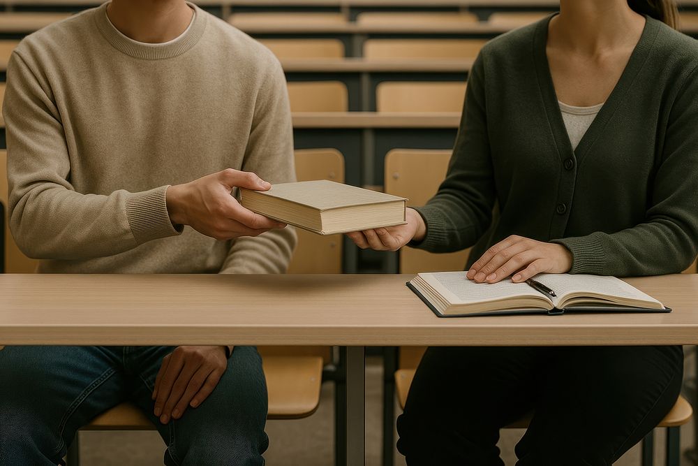 Students exchanging book quietly. | Free Photo - rawpixel