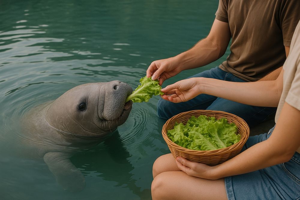 Manatee enjoying fresh lettuce. | Free Photo - rawpixel