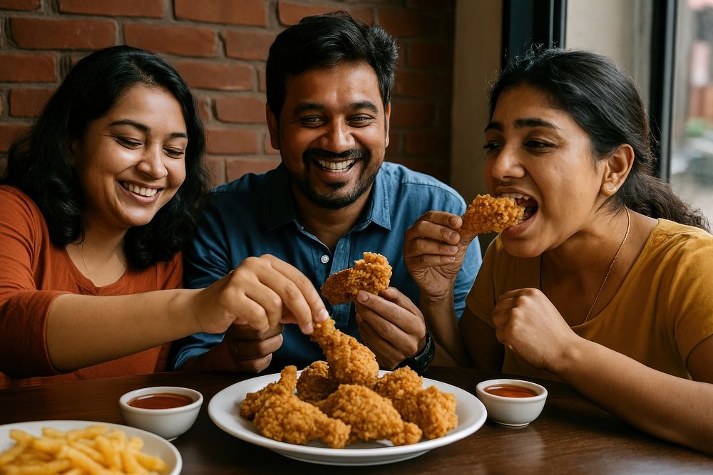 Friends enjoying crispy chicken together. | Free Photo - rawpixel