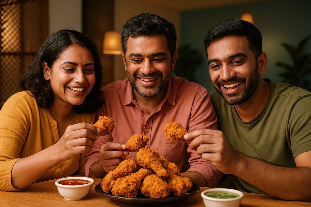 Friends enjoying crispy chicken. | Free Photo - rawpixel