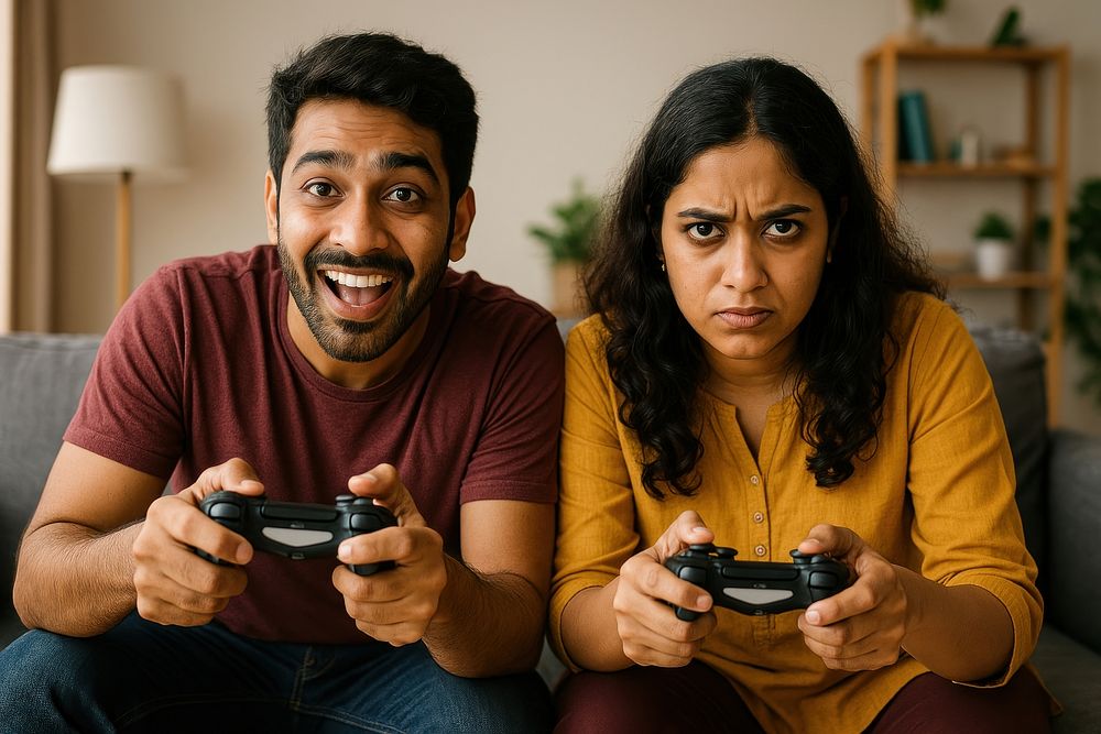 Couple gaming intense expressions | Free Photo - rawpixel