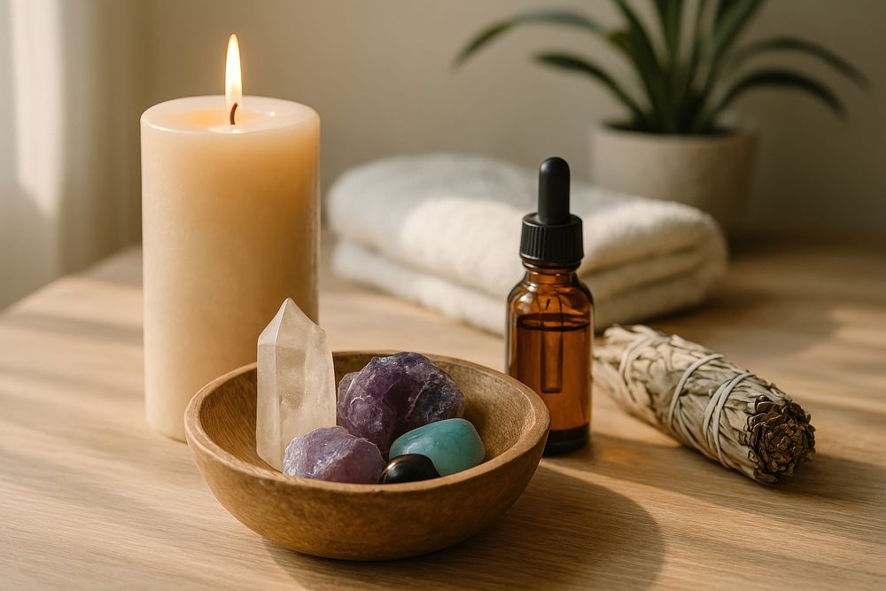 Serene wellness setup with crystals. | Free Photo - rawpixel
